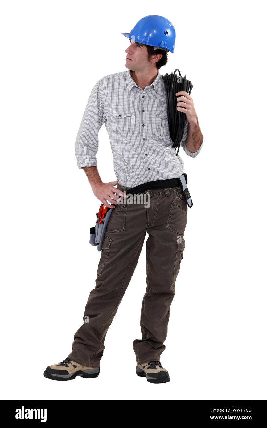 Electrician on white background Stock Photo - Alamy