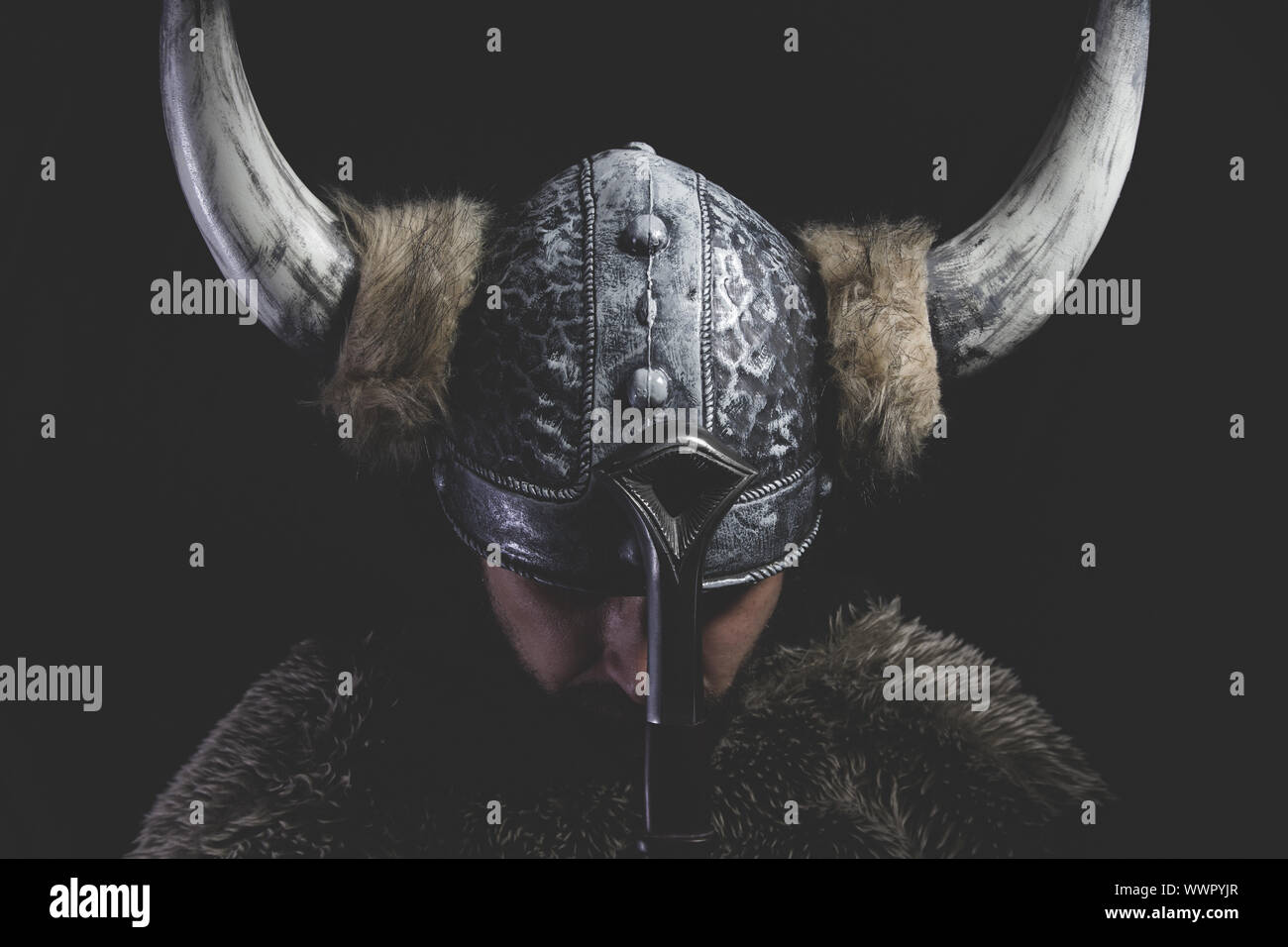 Murderer, Viking warrior with iron sword and helmet with horns Stock ...