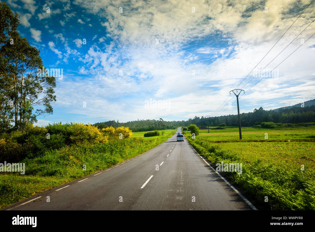 Driving motorhome or campervan on the road outdoors in nature ...