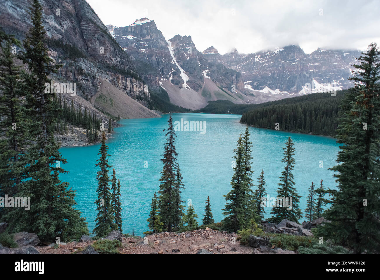 View of Moraine Lake and surrounding mountains through evergreen trees ...
