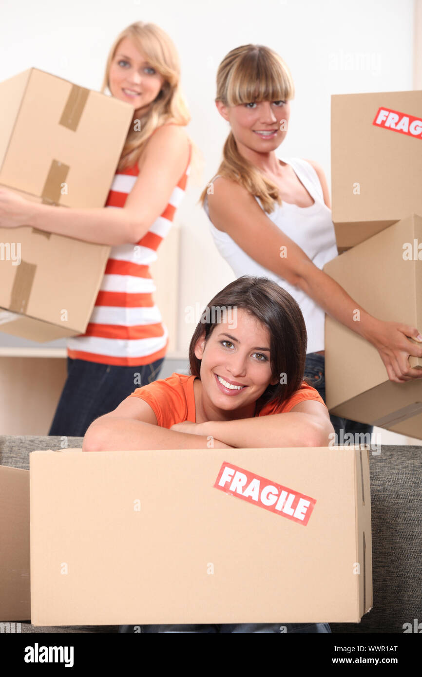 Three young women moving cardboard packing boxes marked fragile Stock Photo - Alamy