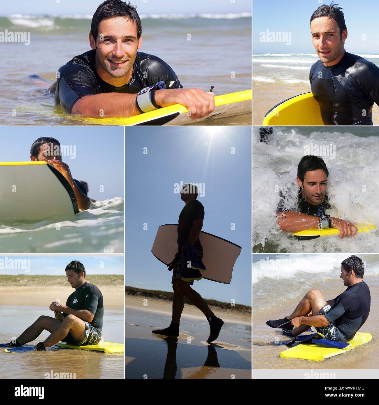 Collage of a man surfing Stock Photo - Alamy