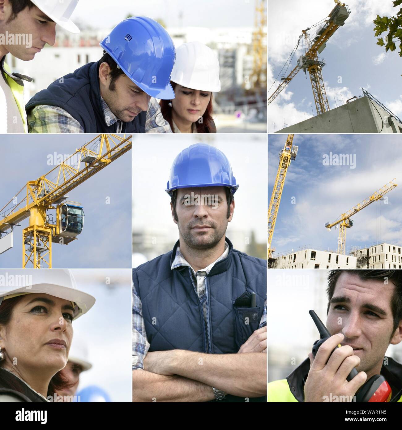 Construction montage workers and plans hi-res stock photography and ...