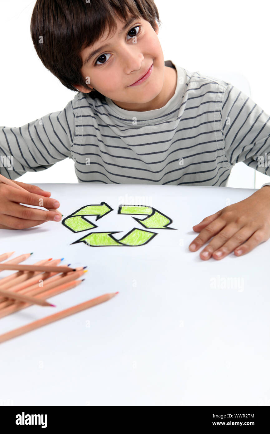 boy colouring recycling logo Stock Photo - Alamy