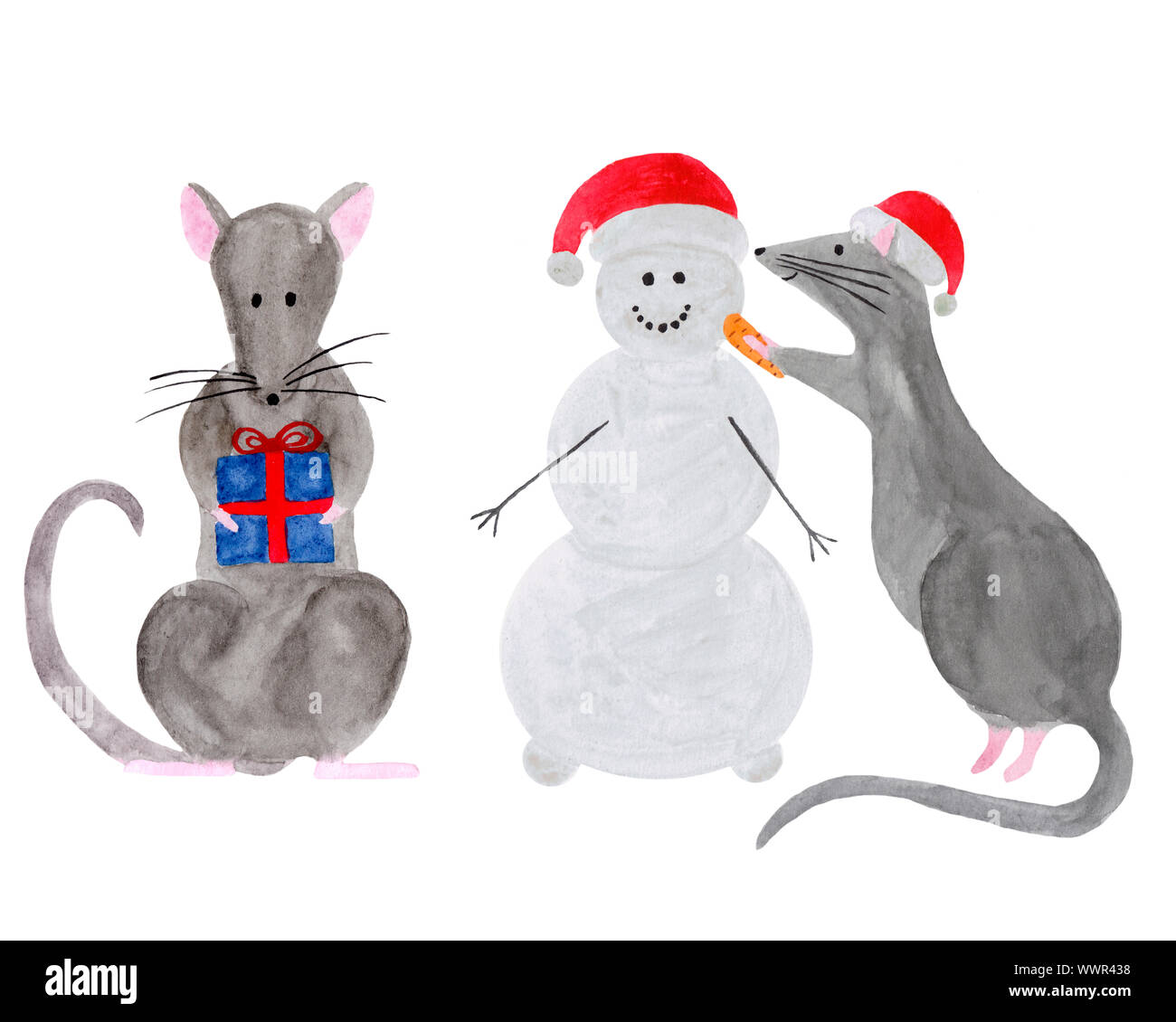 Watercolor set of Christmas rats isolated on white background. Hand ...