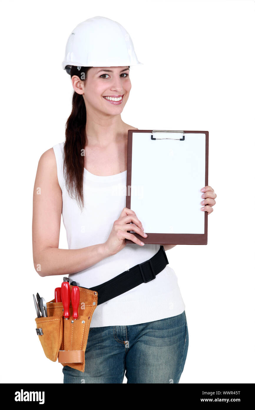 Female labourer with clipboard Stock Photo - Alamy