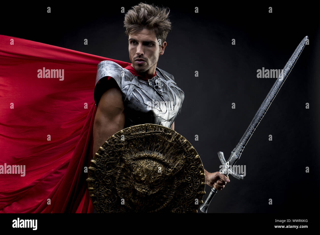 Gladiator, centurion or Roman warrior with iron armor, military helmet ...
