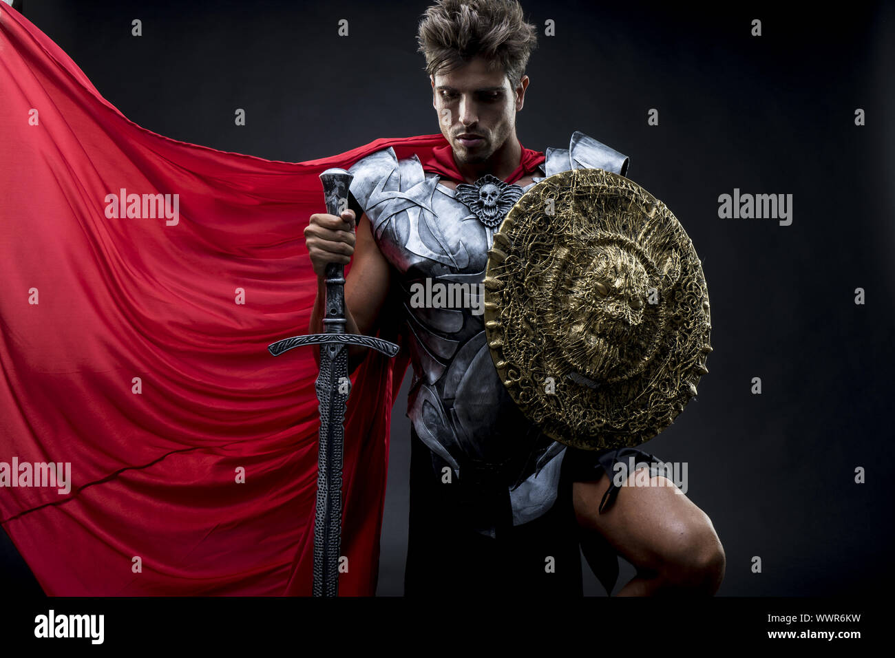 Conqueror, centurion or Roman warrior with iron armor, military helmet ...