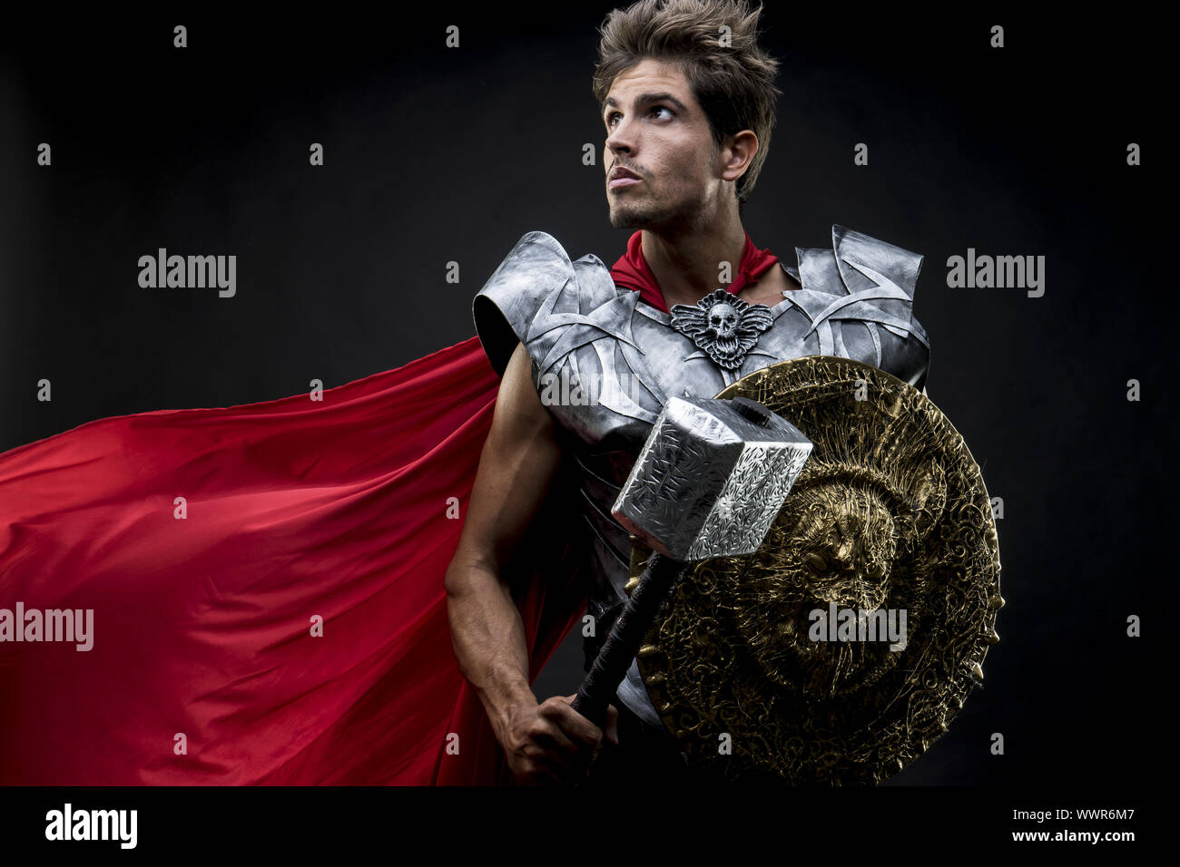 centurion or Roman warrior with iron armor, military helmet with ...