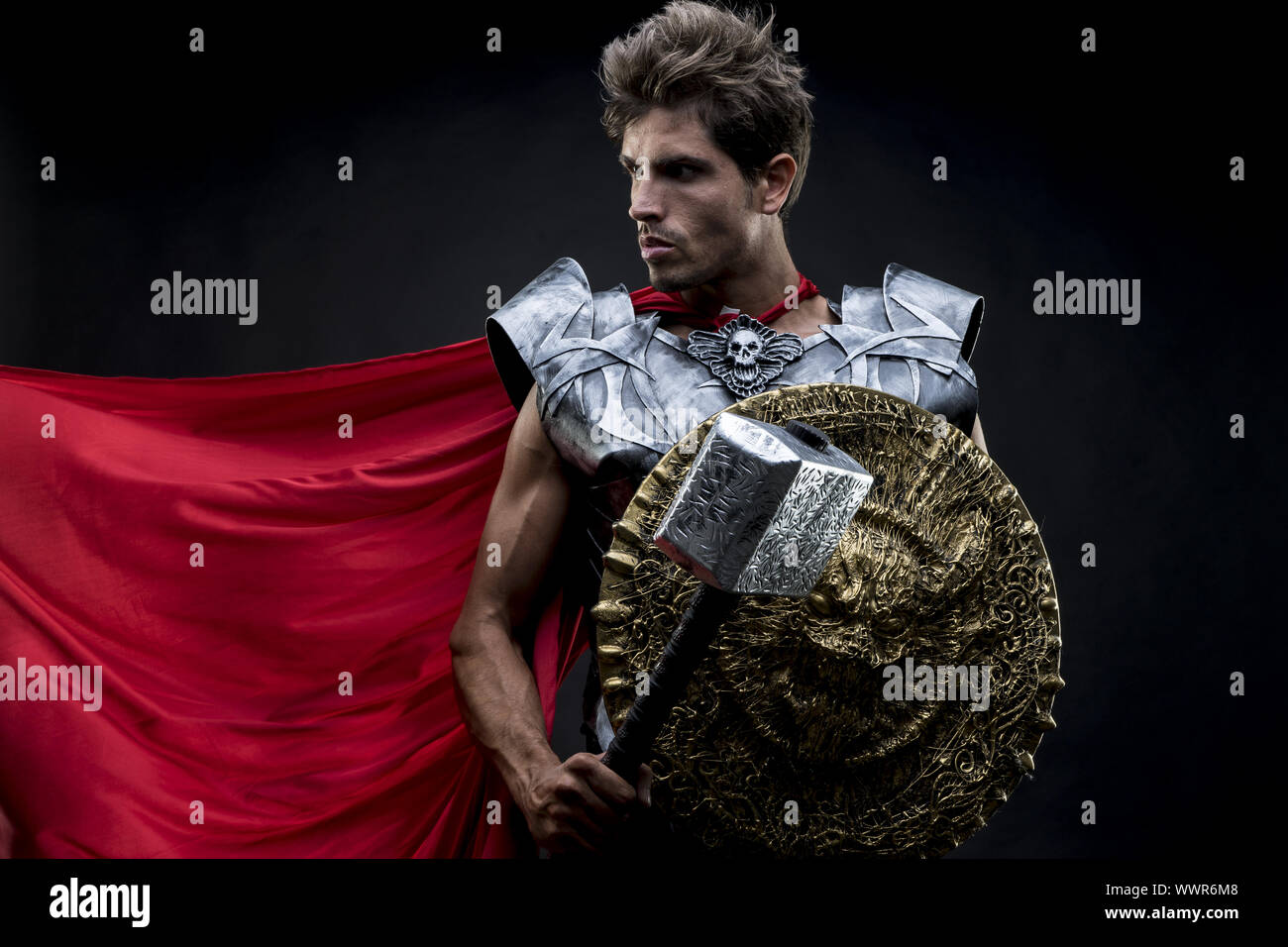 centurion or Roman warrior with iron armor, military helmet with ...