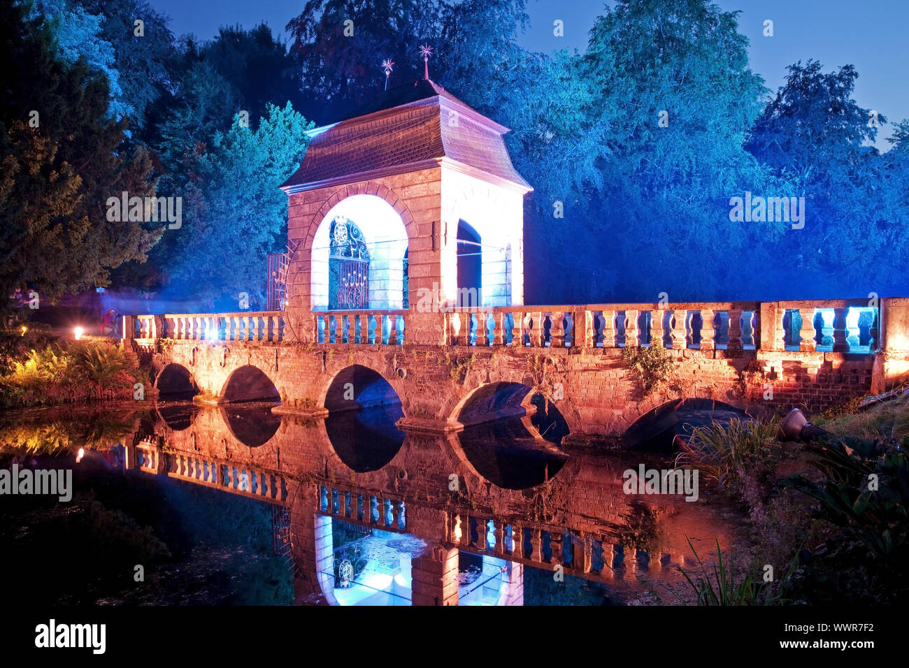 illuminated baroque bridge of castle Dyck at a event, Juechen, North ...