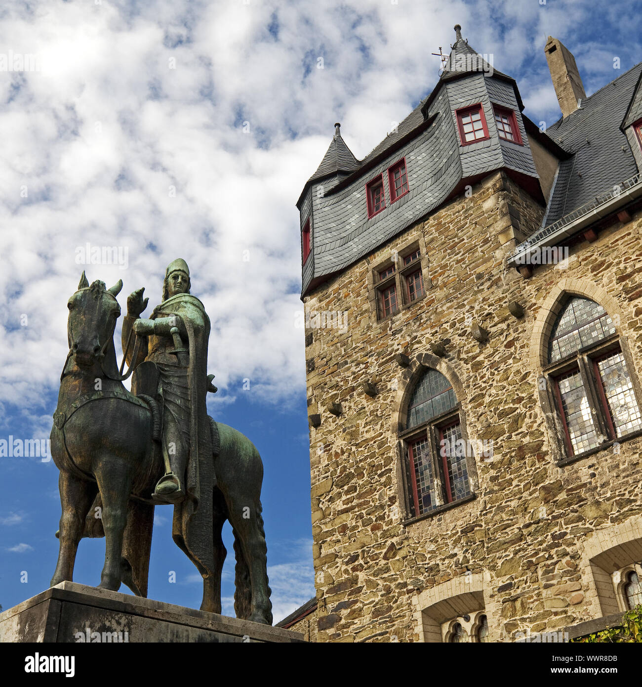 battery tower of Castle Burg with rider statue of archbishop Engelbert ...