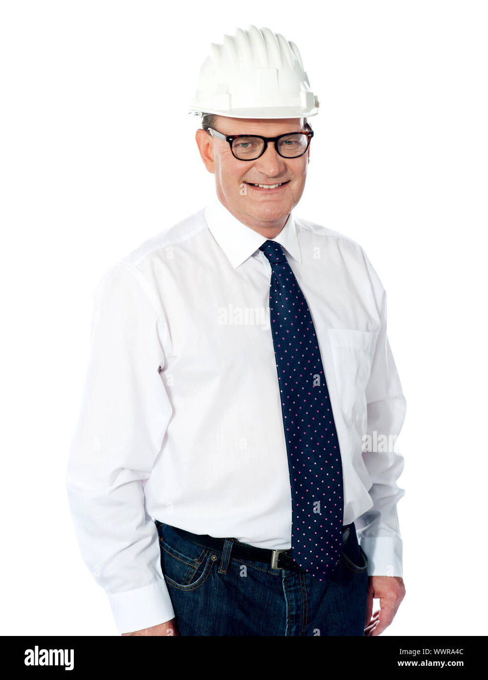 Handsome smiling aged engineer with hard hat on his head isolated on ...