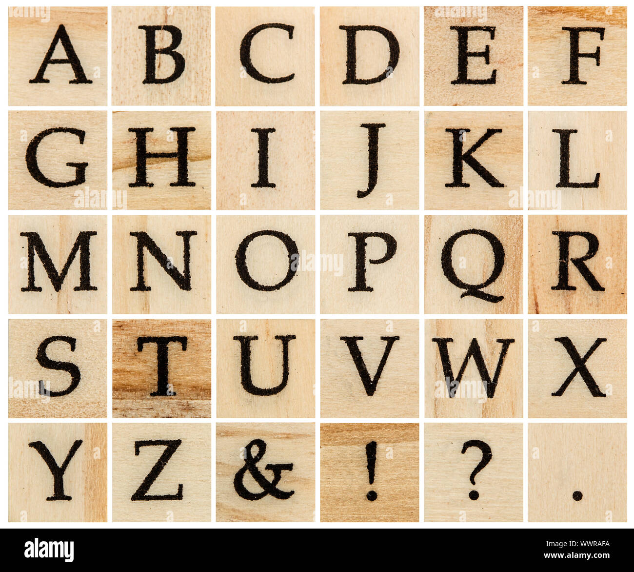 English alphabet uppercase, collage of isolated wood letterpress ...