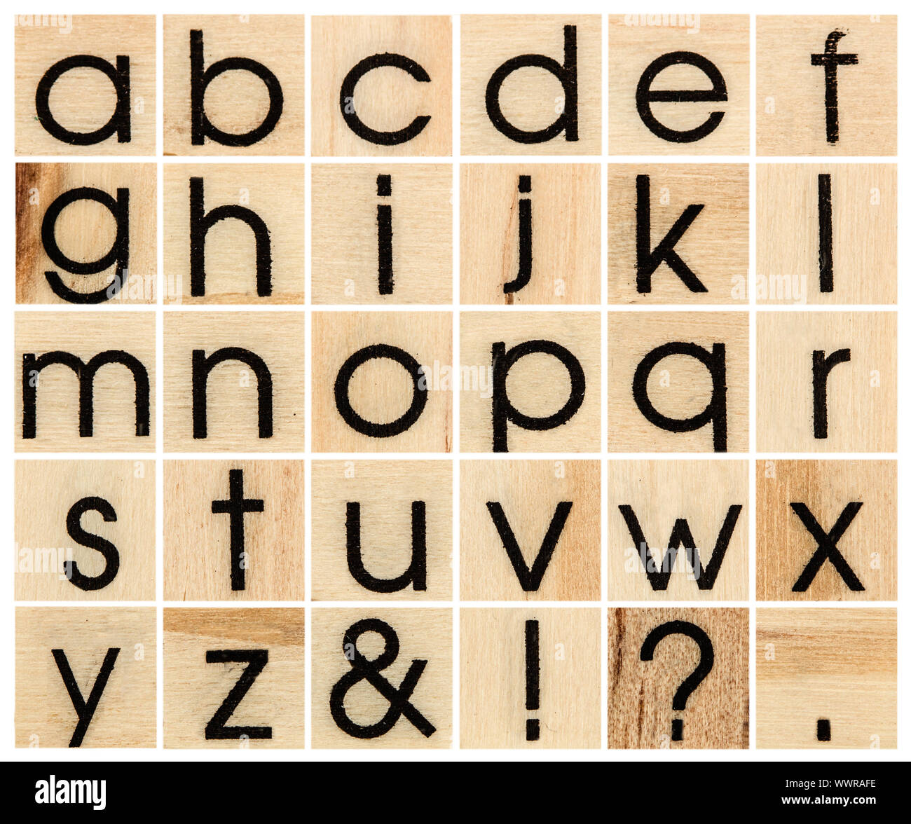 English alphabet lowercase, collage of isolated wood letterpress ...
