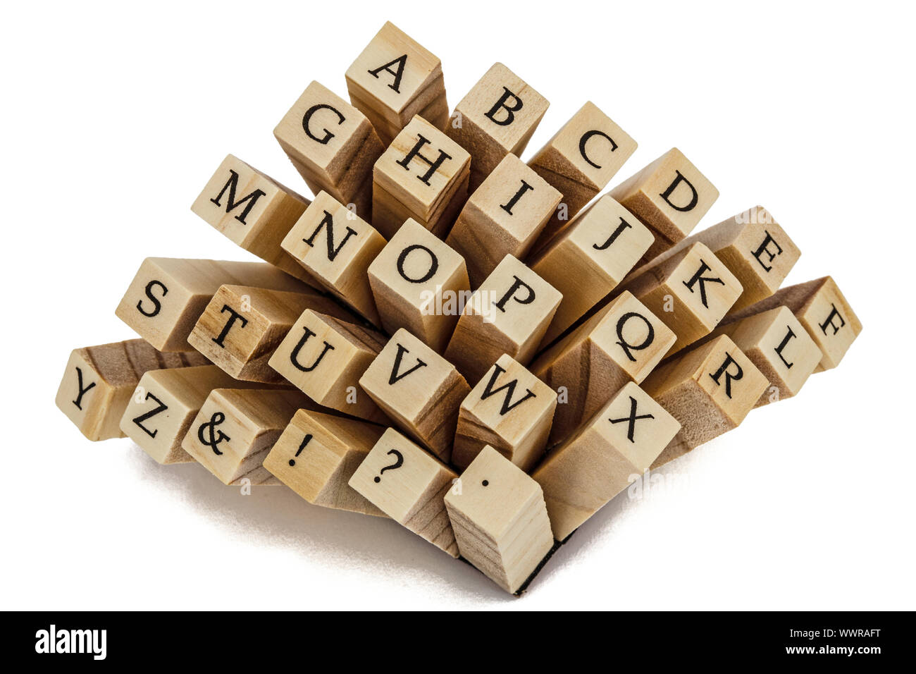 Letters of the English alphabet on the ends of wooden bars, isolated on ...