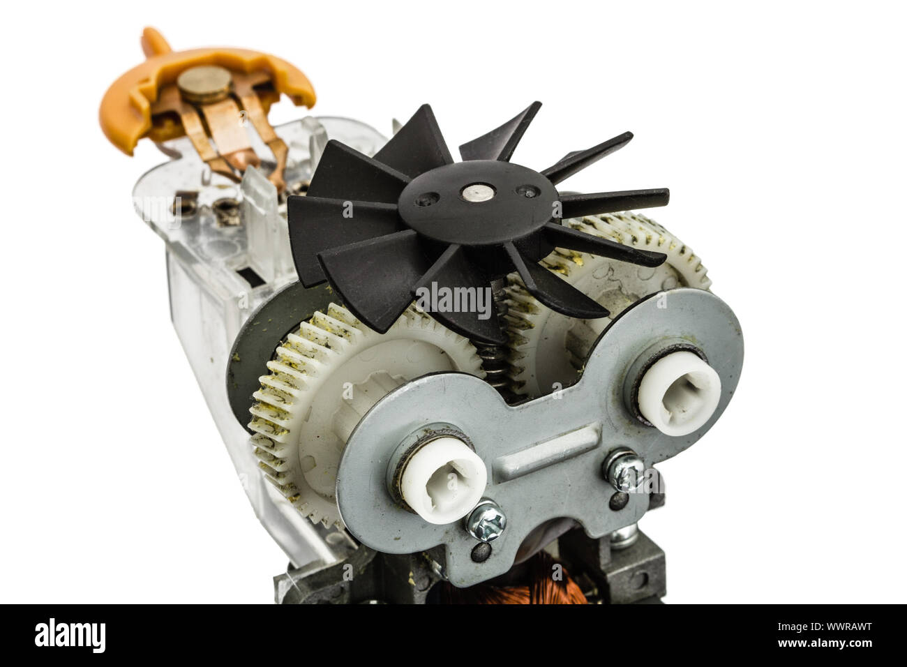 Part of electric motor with fan, close-up, isolated on white background ...