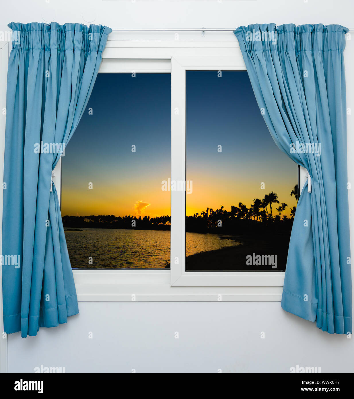 view from the window at dawn tropical sea and palm trees Stock Photo ...