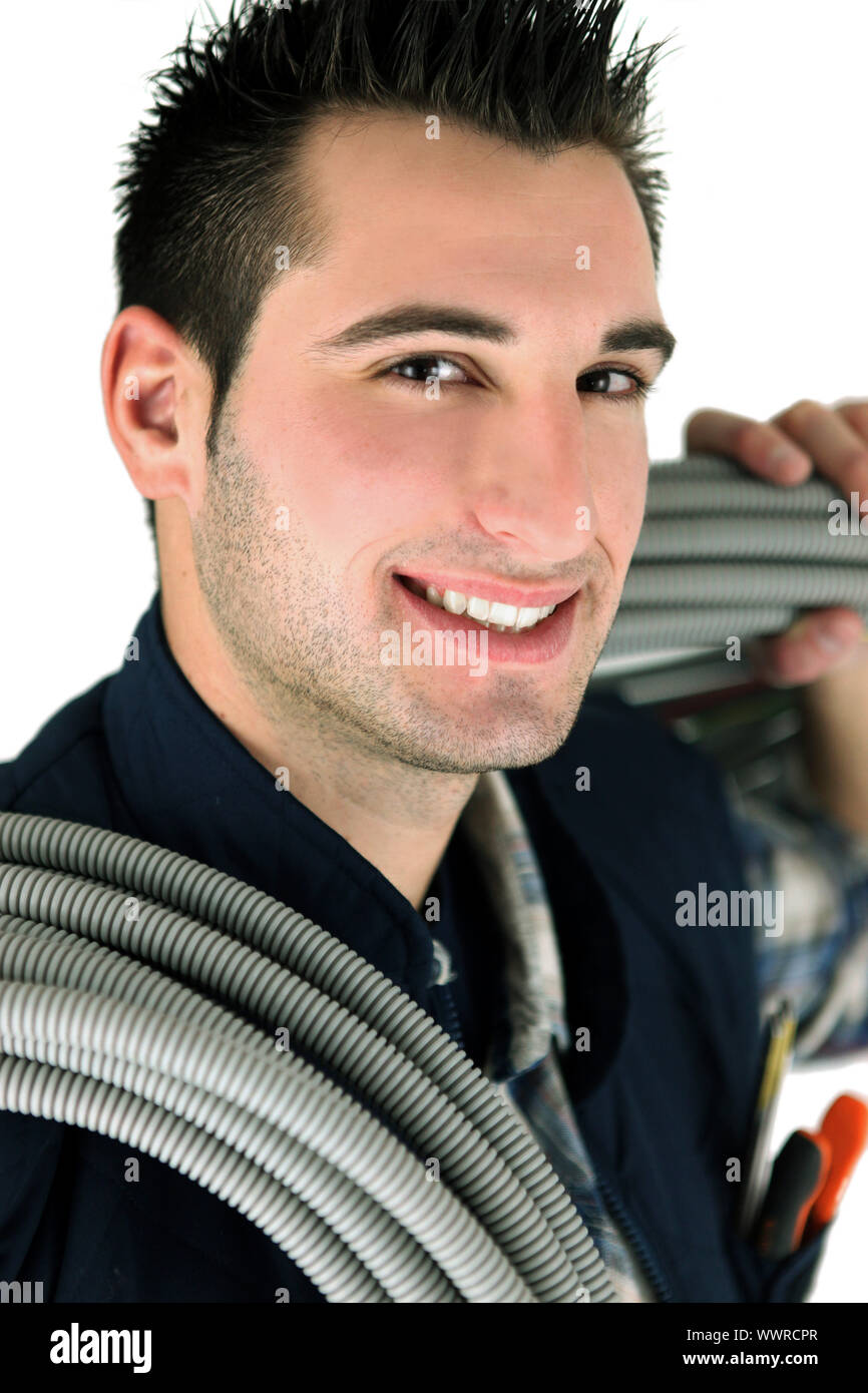 Electrician carrying long wires Stock Photo - Alamy