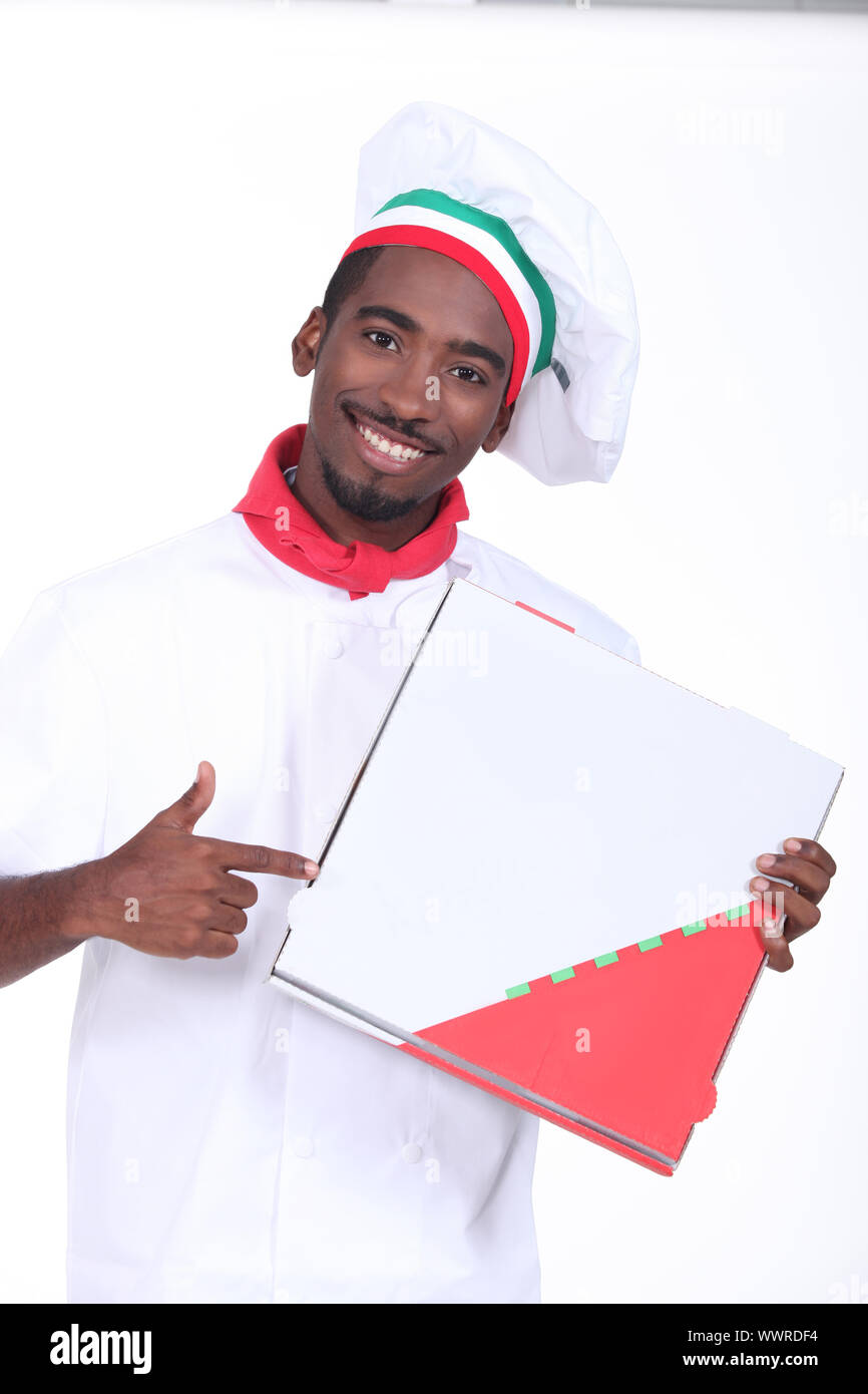 Italian themed chef pointing at a take out pizza box Stock Photo - Alamy