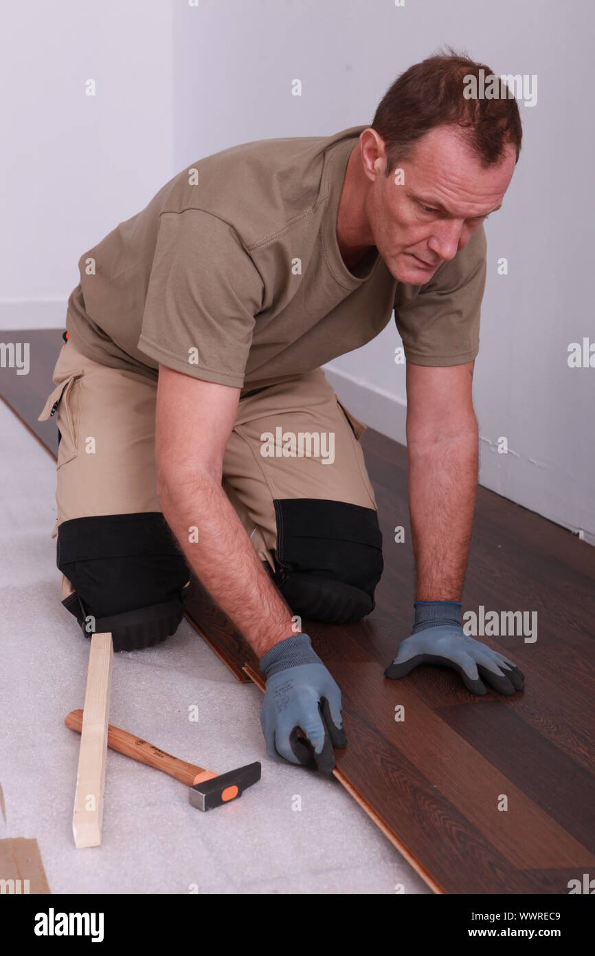 Man laying down flooring Stock Photo - Alamy