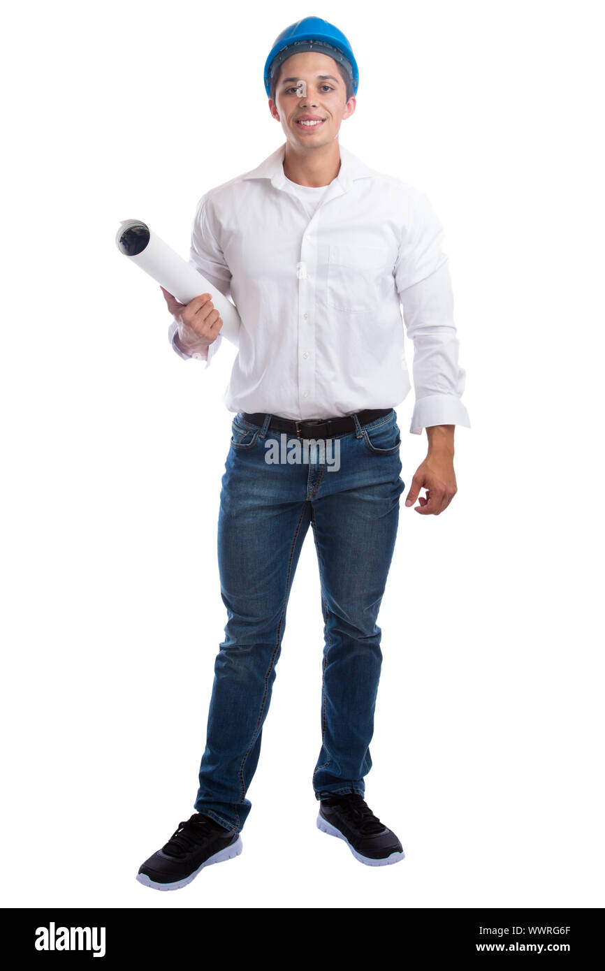 Young architect stand full body occupation with plan Freisteller Stock ...