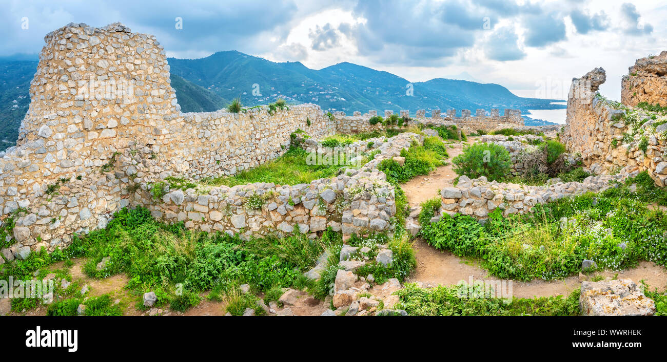 Remains of the ancient city on the summit of the rock in Cefalu. Sicily ...