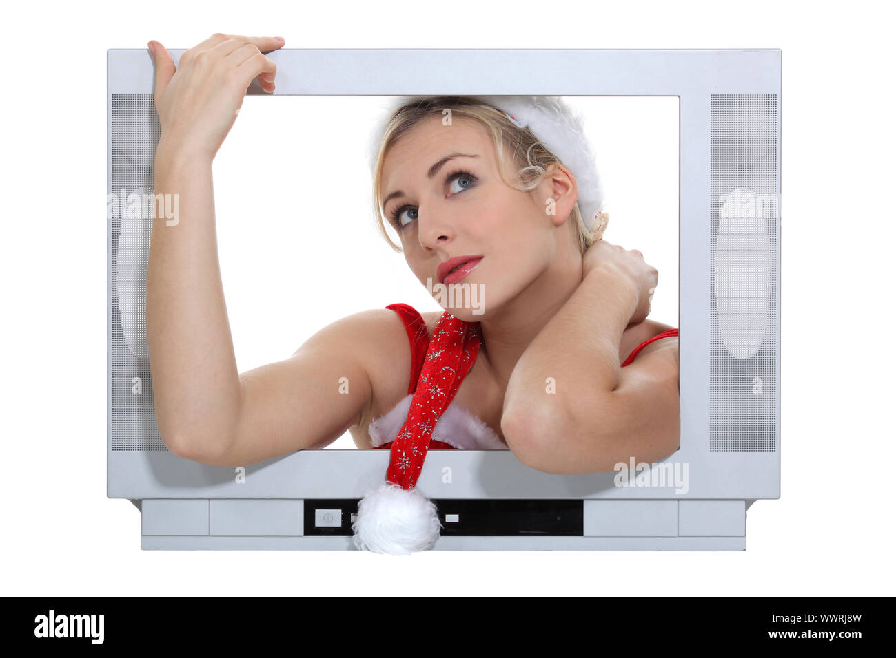 Young woman behind computer Cut Out Stock Images & Pictures - Alamy