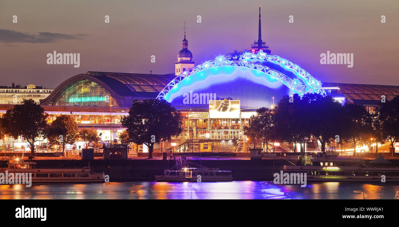 city panorama with central station, river Rhein and Musical Dome in the ...