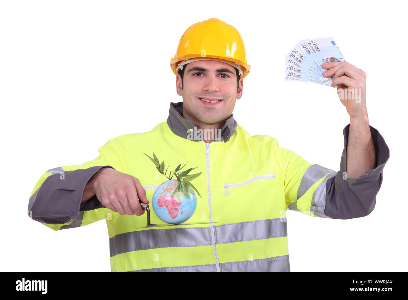 Builder with a globe and cash Stock Photo - Alamy