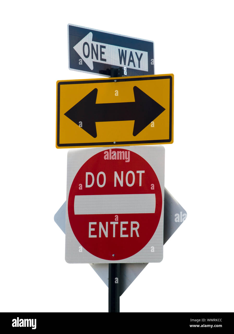 Three street signs over a white background Stock Photo - Alamy