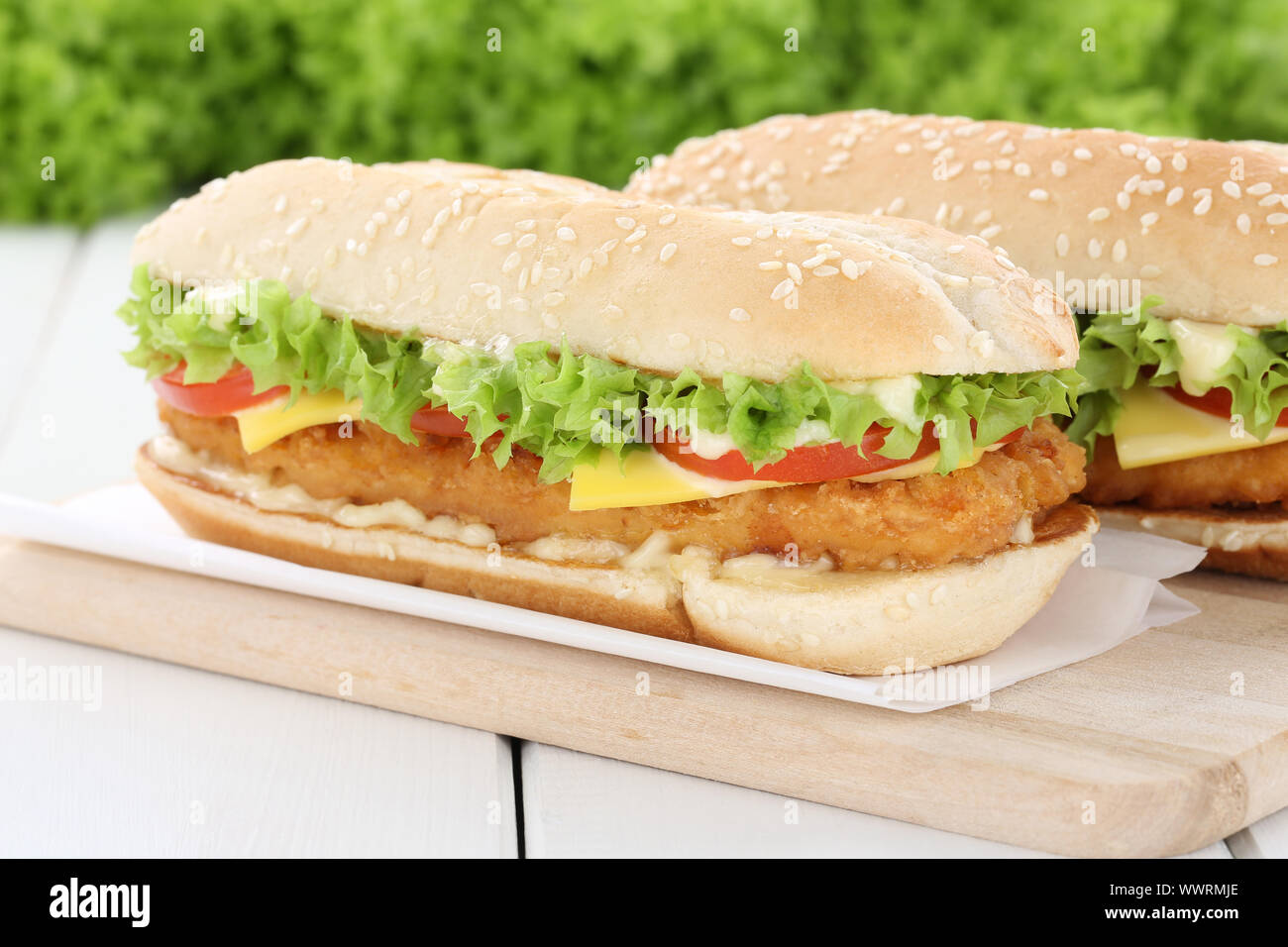 Chickenburger Chicken Burger Hamburger Cheese Tomatoes Stock Photo - Alamy