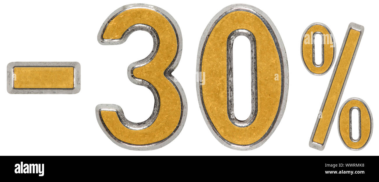 Percent off. Discount. Minus 30, thirty, three, percent. Metal numeral ...
