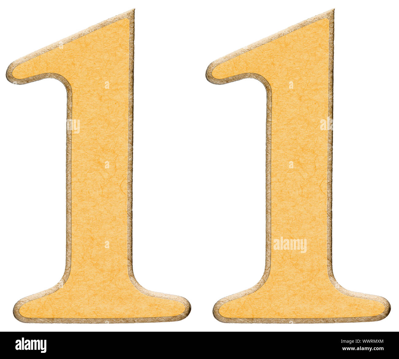 11, eleven, numeral of wood combined with yellow insert, isolated on ...