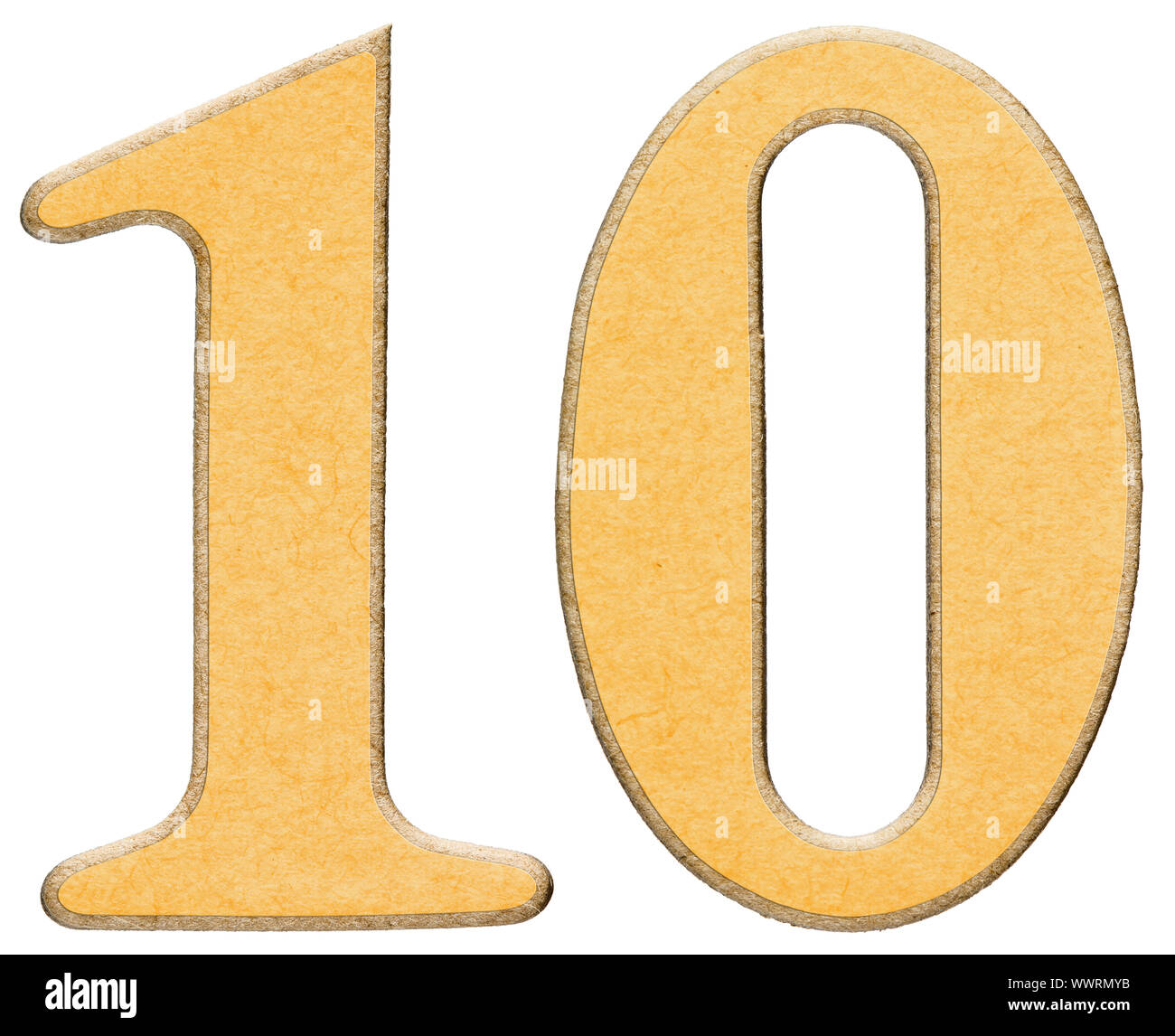 10, ten, numeral of wood combined with yellow insert, isolated on white ...