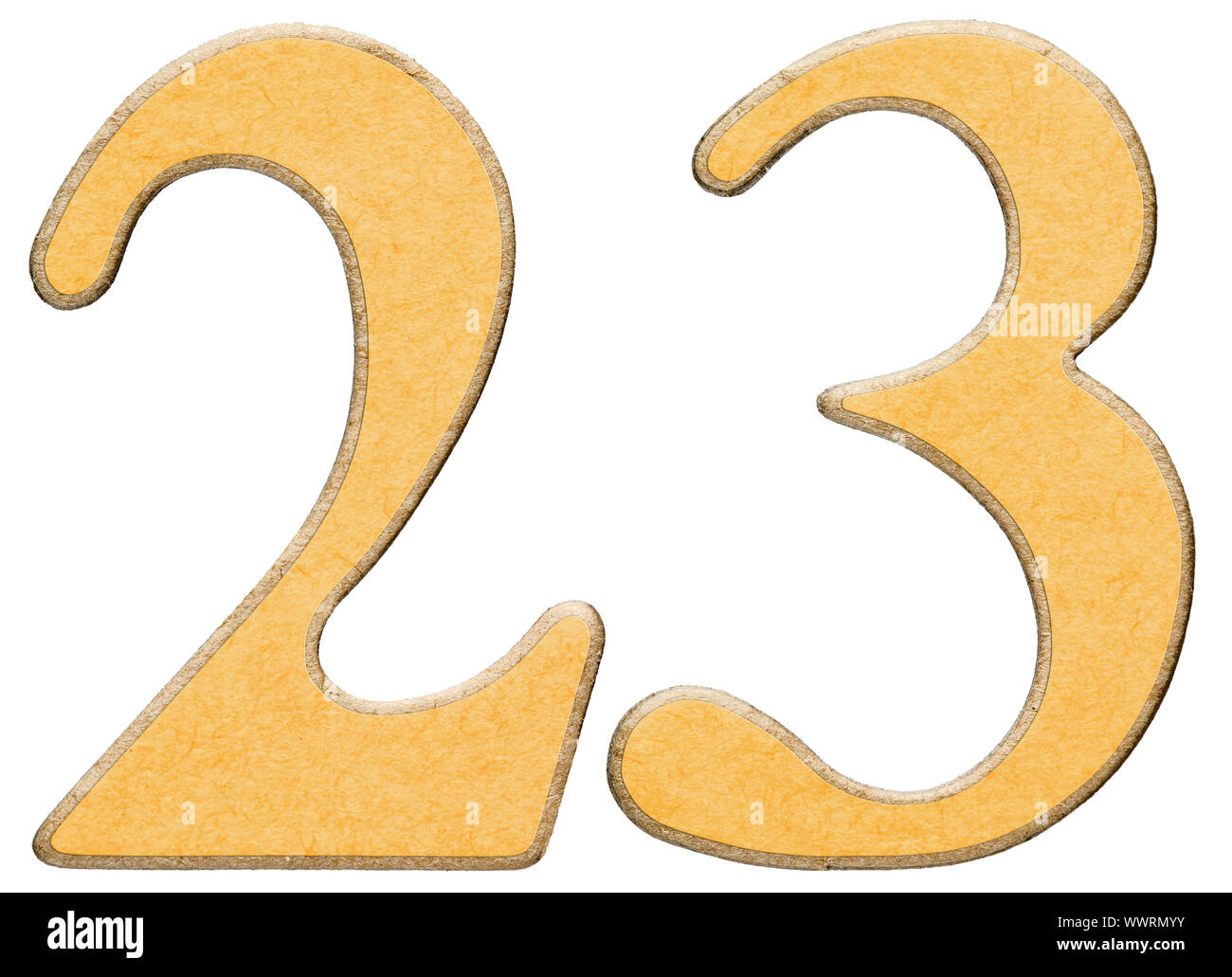23, twenty three, numeral of wood combined with yellow insert, isolated ...