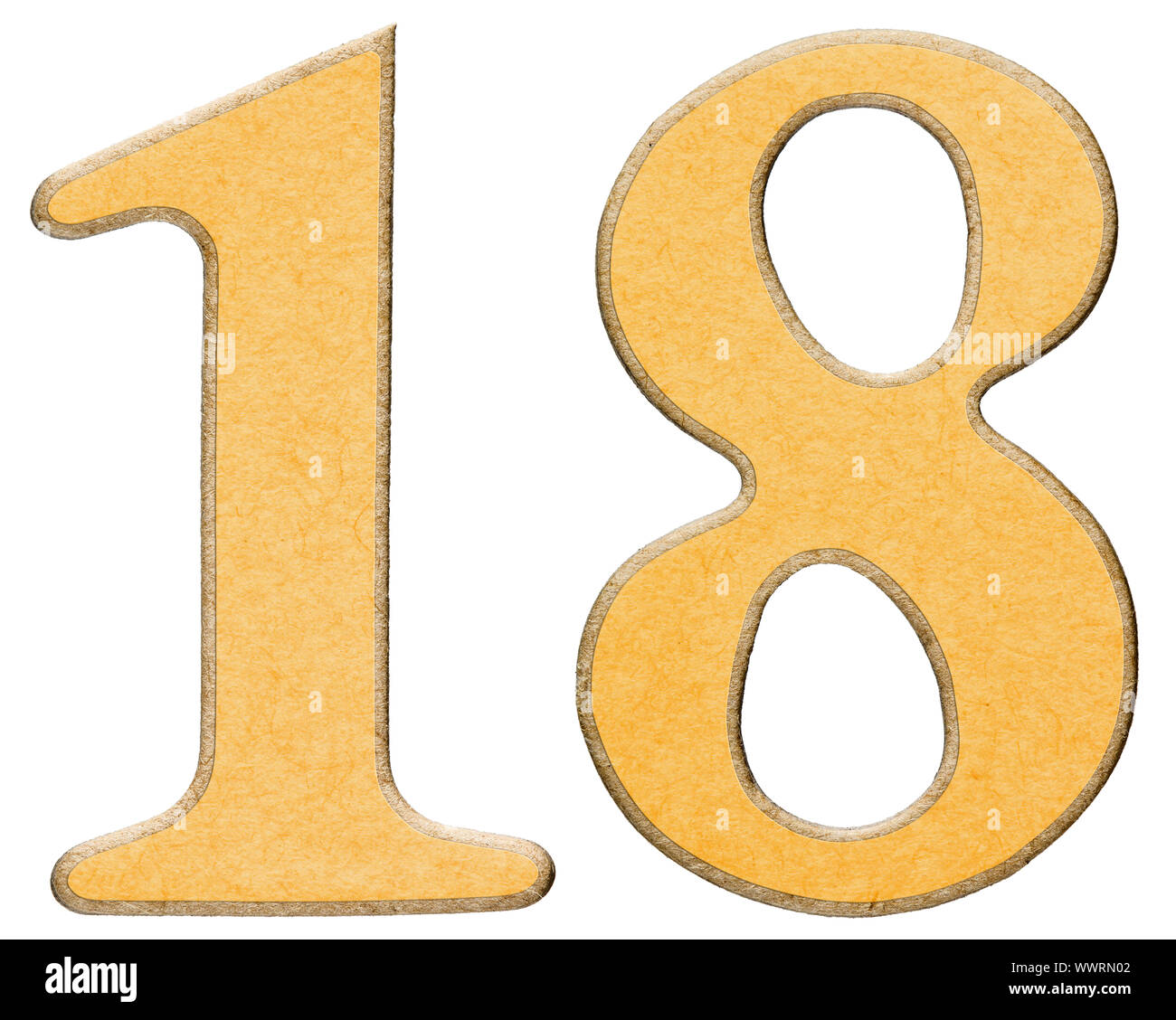 18, eighteen, numeral of wood combined with yellow insert, isolated on ...