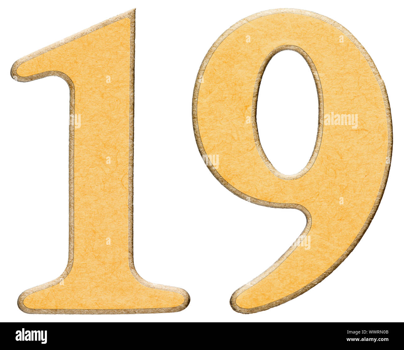 19, nineteen, numeral of wood combined with yellow insert, isolated on ...