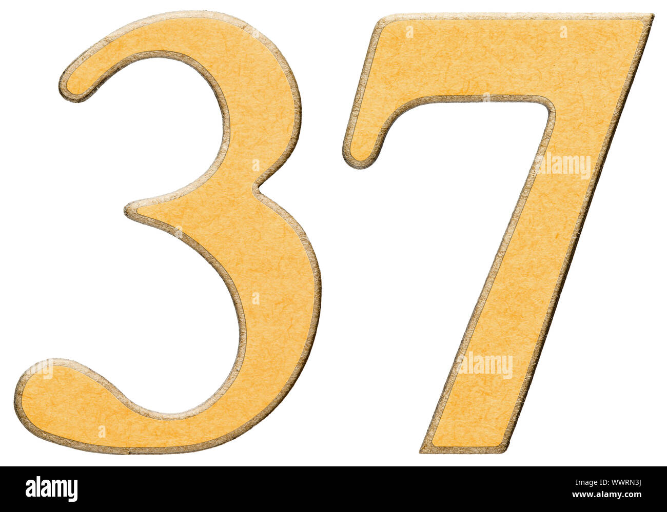 37, thirty seven, numeral of wood combined with yellow insert, isolated ...