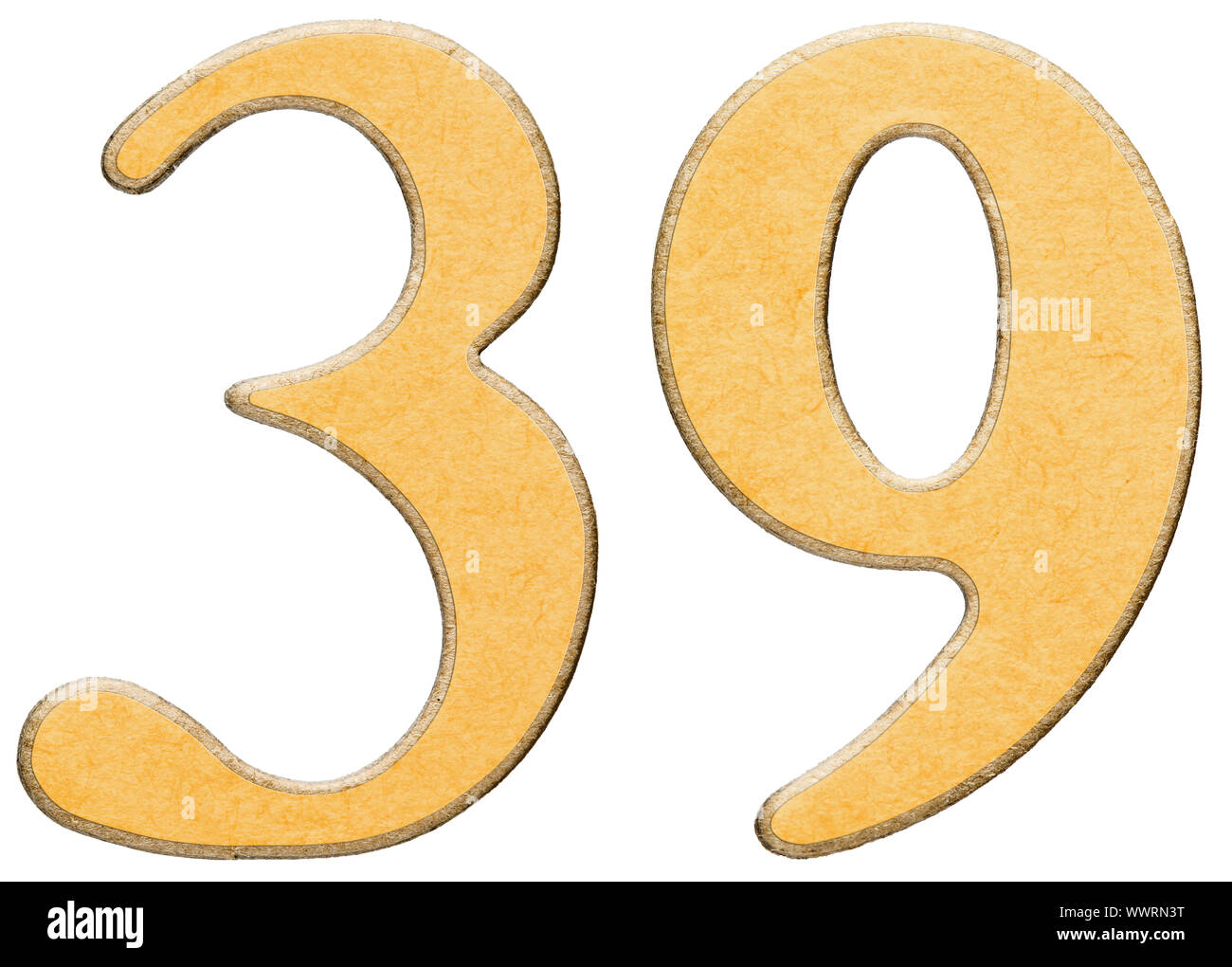 39, thirty nine, numeral of wood combined with yellow insert, isolated ...
