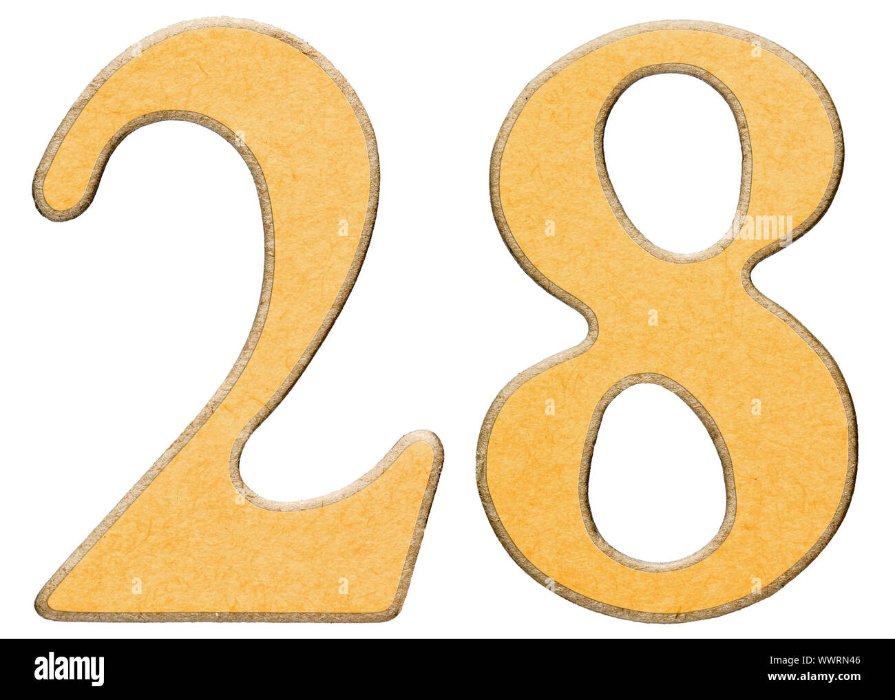 28, twenty eight, numeral of wood combined with yellow insert, isolated ...