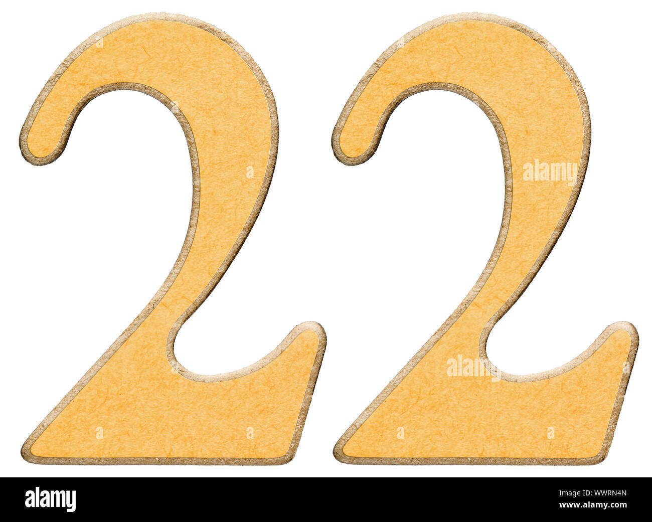 22, twenty two, numeral of wood combined with yellow insert, isolated ...