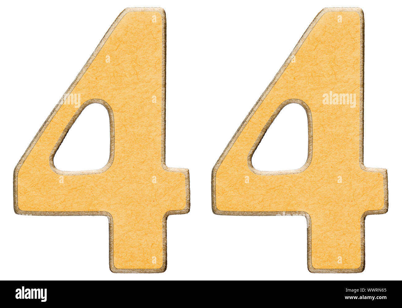 44, forty four, numeral of wood combined with yellow insert, isolated ...
