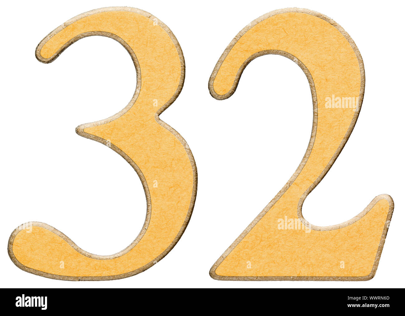 32, thirty two, numeral of wood combined with yellow insert, isolated ...