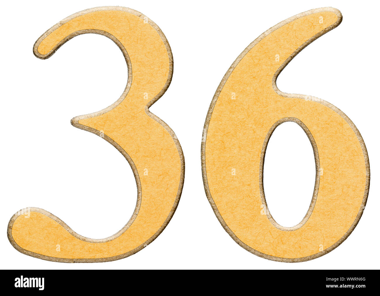 36, thirty six, numeral of wood combined with yellow insert, isolated ...