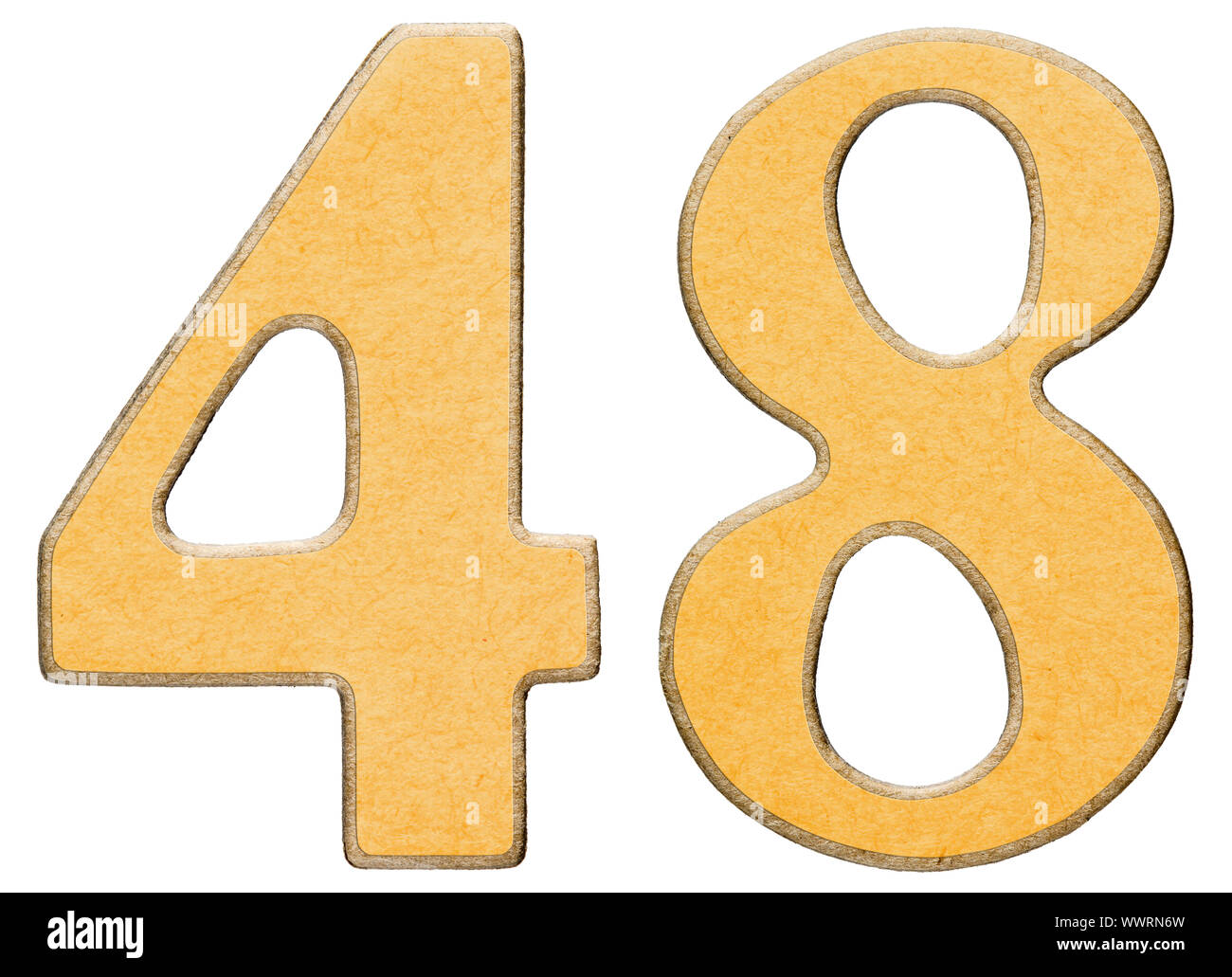 48, forty eight, numeral of wood combined with yellow insert, isolated ...