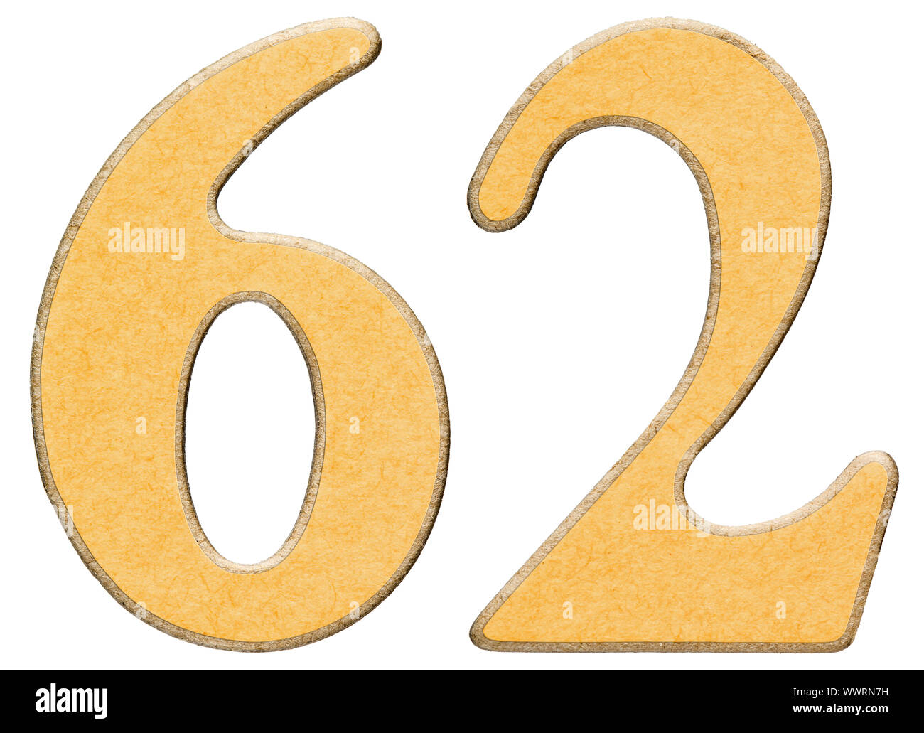 62, sixty two, numeral of wood combined with yellow insert, isolated on ...