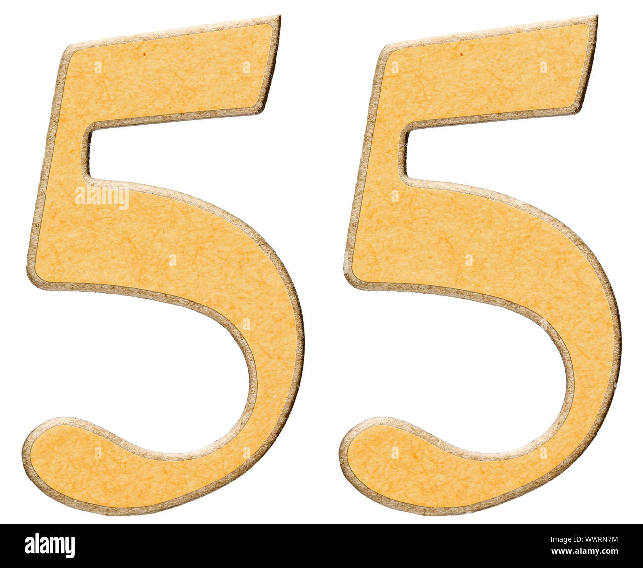 55, fifty five, numeral of wood combined with yellow insert, isolated ...