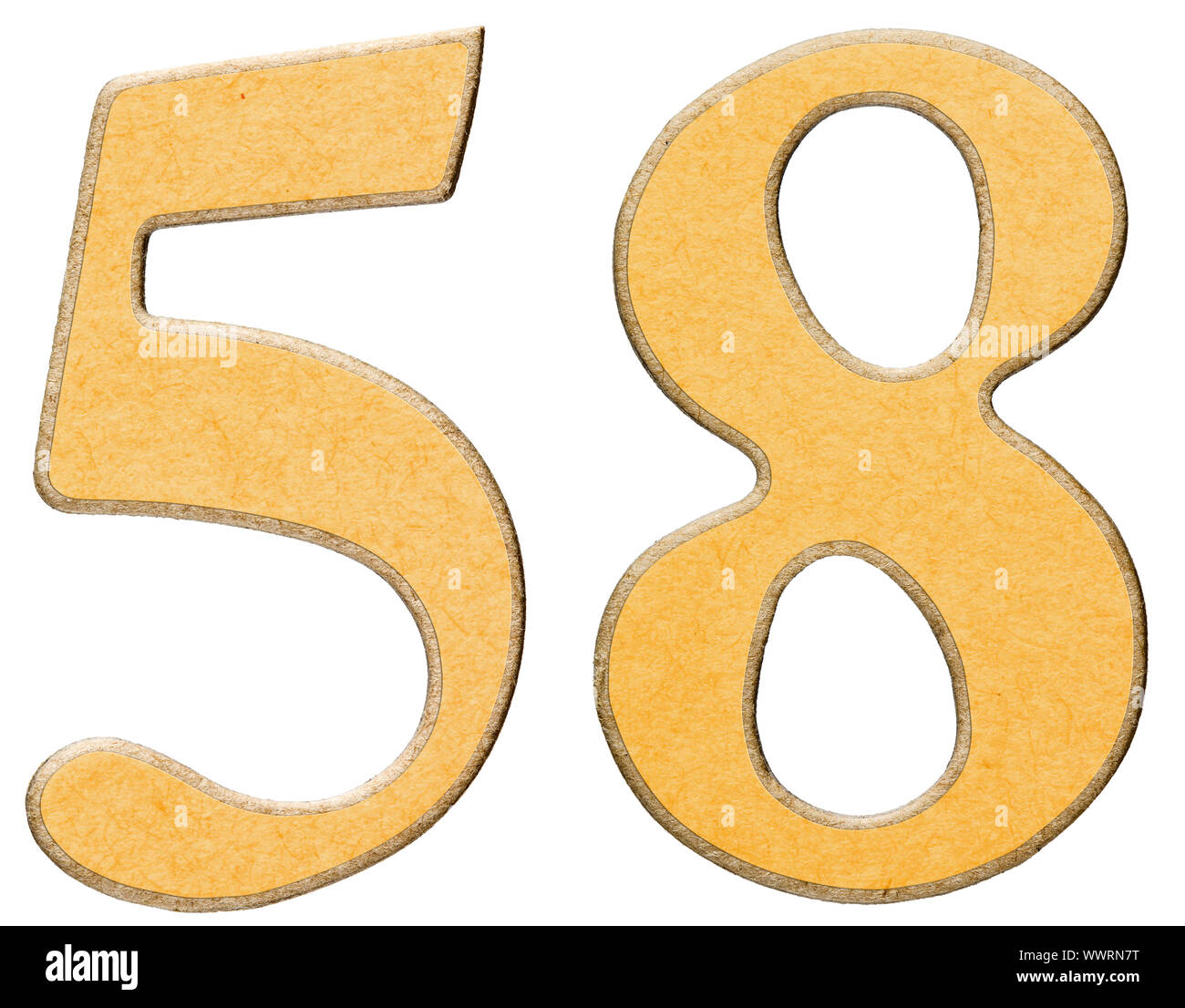 58, fifty eight, numeral of wood combined with yellow insert, isolated ...