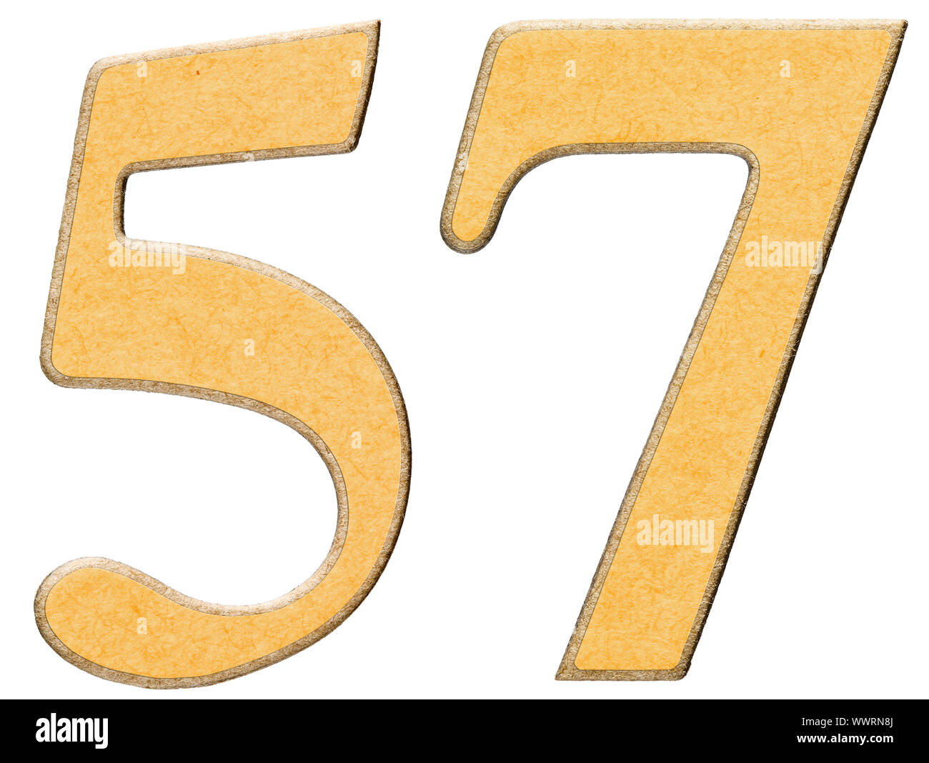 57, fifty seven, numeral of wood combined with yellow insert, isolated ...